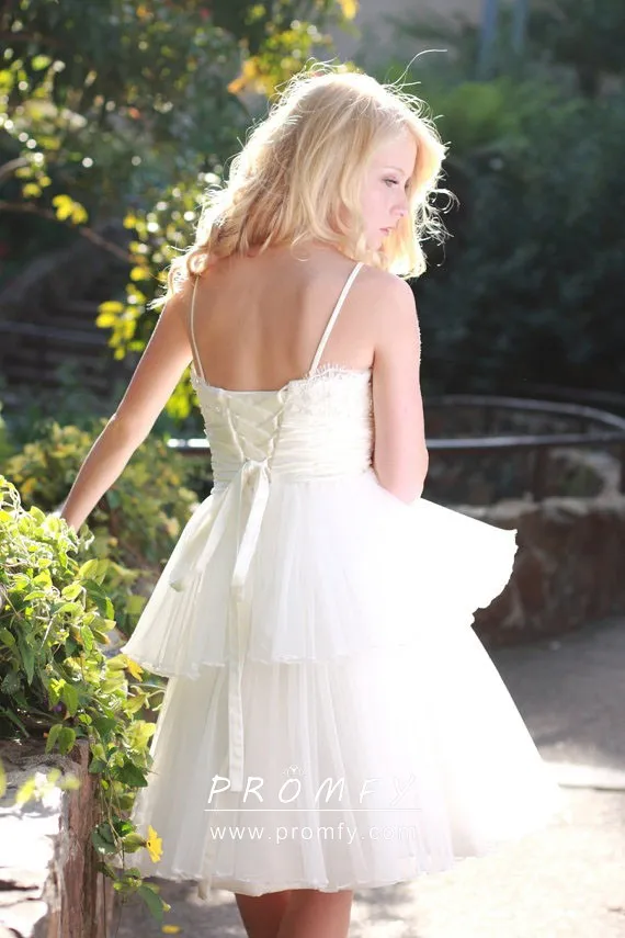 Two Tiered Ruched Tulle & Lace Short Wedding Dress - Promfy