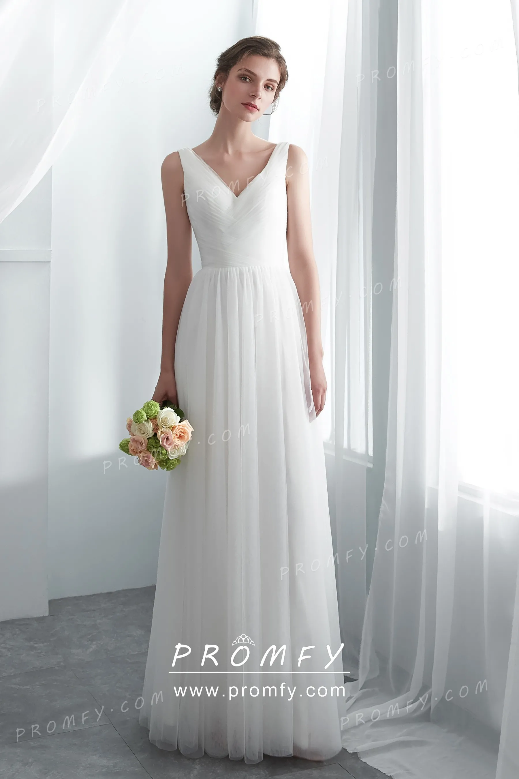 Simple V-neck Ivory Tulle A-line Long Beach Bridal Dress - Promfy