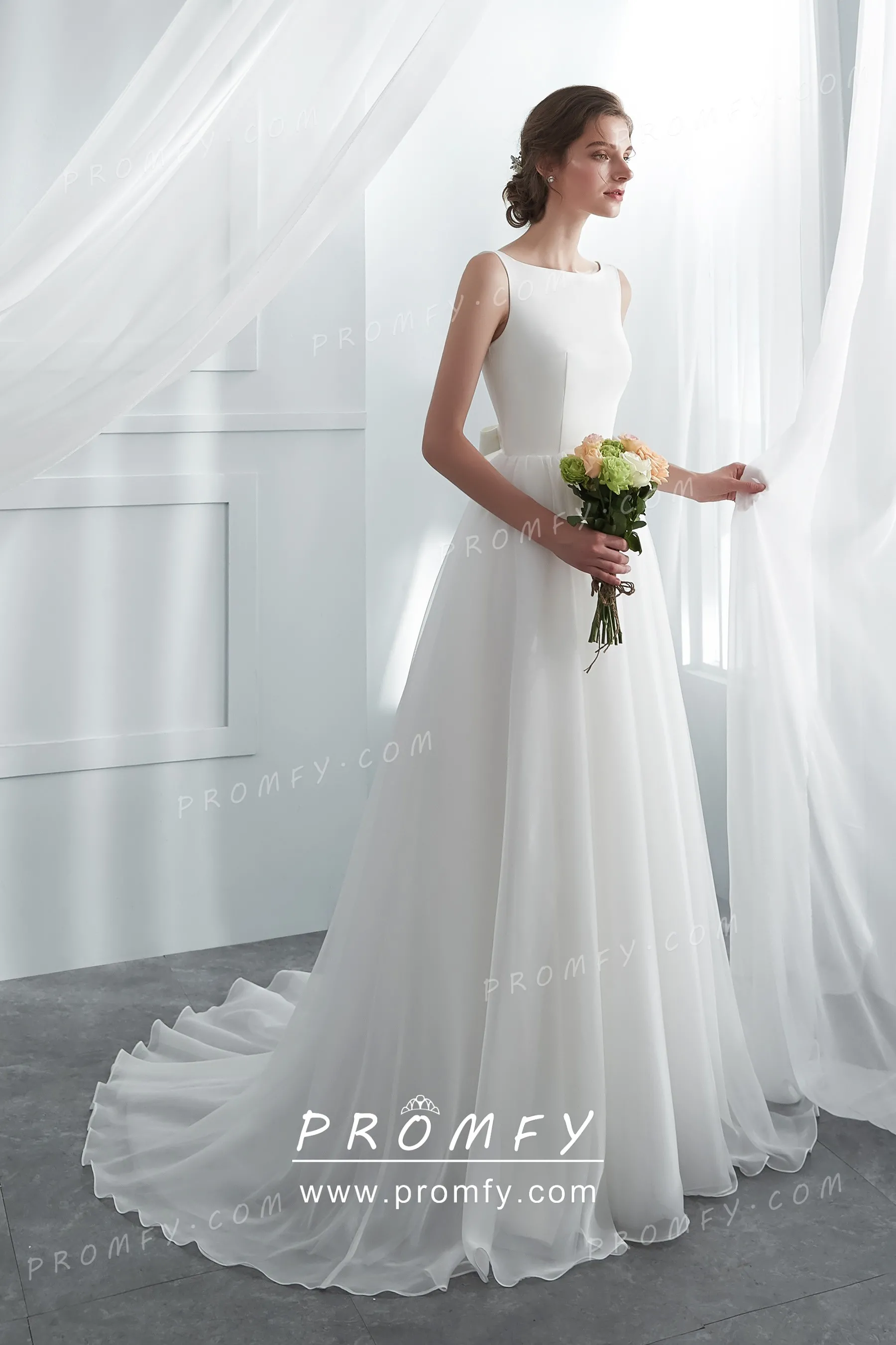 Modern Bateau Neck A-line Illusion Lace Back Bridal Gown - Promfy