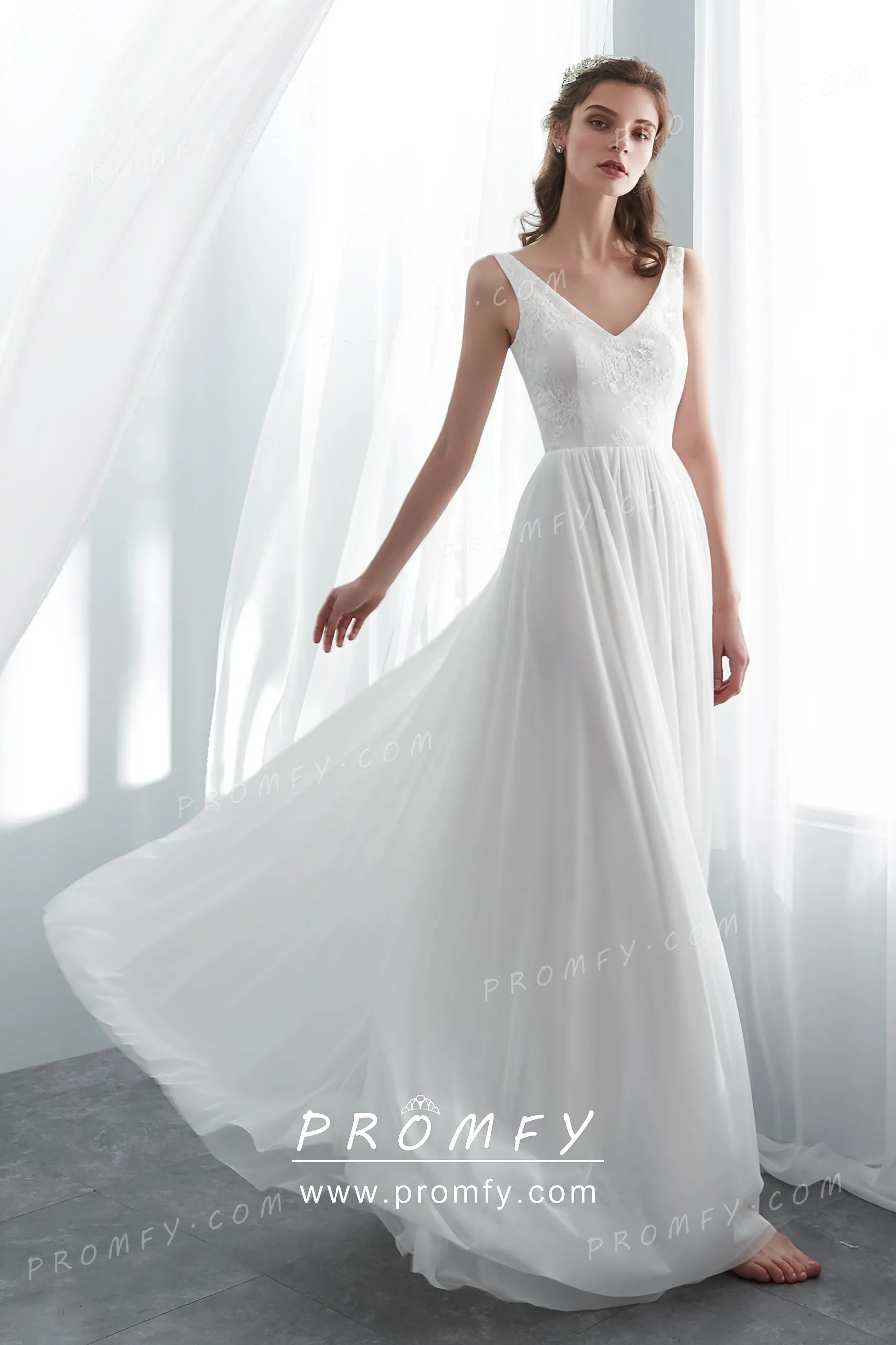 Flirty Ivory Lace & Tulle V-neck Summer Wedding Dress - Promfy